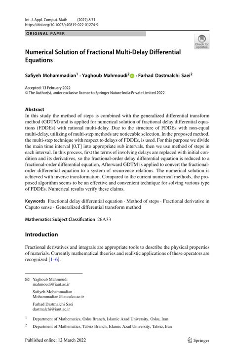 Pdf Numerical Solution Of Fractional Multi Delay Differential Equations