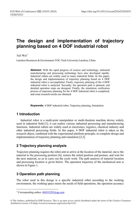 Pdf The Design And Implementation Of Trajectory Planning Based On 4 Dof Industrial Robot