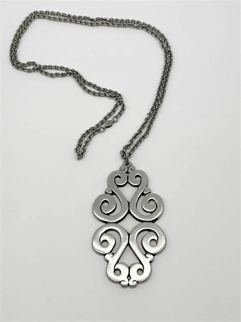 1960s Modernist Pewter Scroll Necklace Gem
