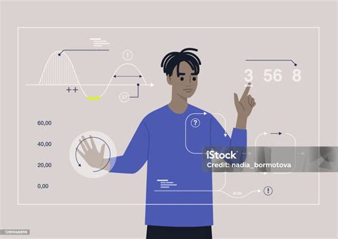 공상 과학 기술 홀로그램 증강 현실 디스플레이에서 작업 하는 젊은 남성 흑인 캐릭터 과학에 대한 스톡 벡터 아트 및 기타 이미지