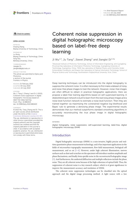 Pdf Coherent Noise Suppression In Digital Holographic Microscopy Based On Label Free Deep Learning