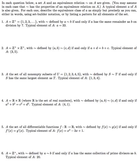 Solved In Each Question Below A Set A And An Equivalence