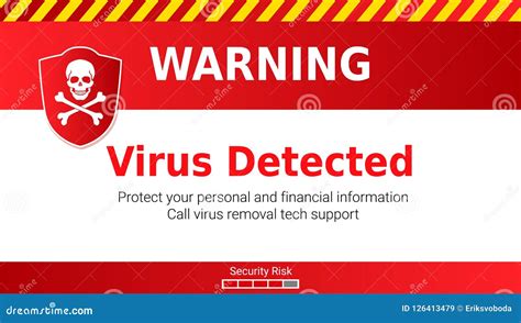 Warning Of Malware Attack Virus Detected Skull And Crossed Bones On Red Shield Stock Vector