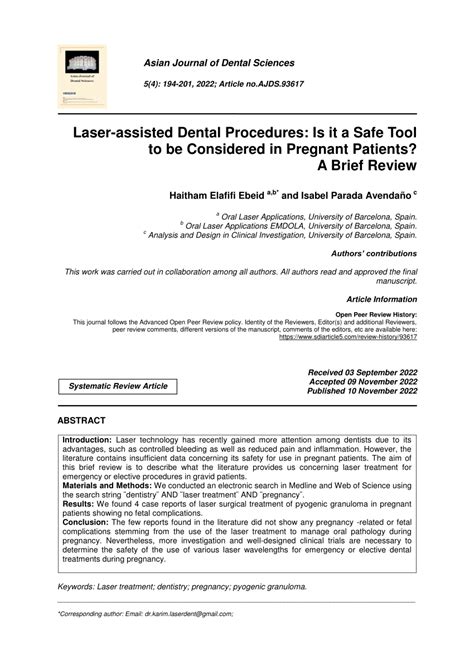 Pdf Laser Assisted Dental Procedures Is It A Safe Tool To Be Considered In Pregnant Patients