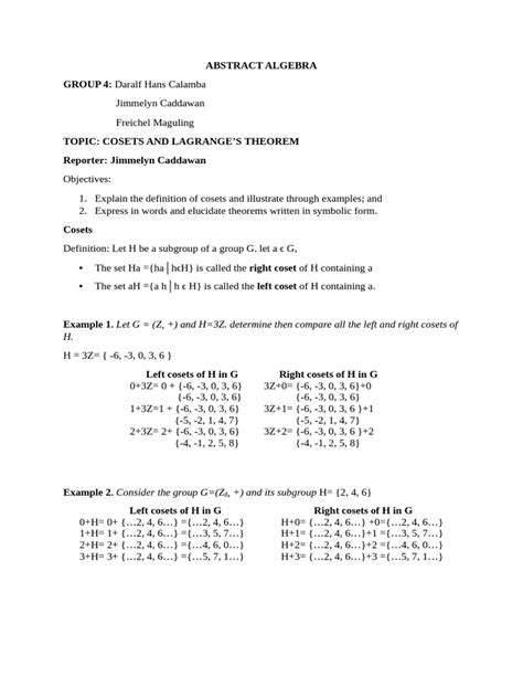 Group 4 Cosets And Lagrange Theorem Pdf Group Mathematics Mathematics