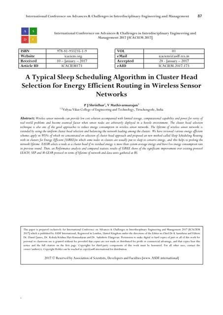 A Typical Sleep Scheduling Algorithm In Cluster Head Selection For
