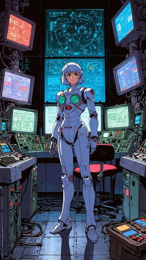 Vintage Anime Robot Standing In A Futuristic Control Room Surrounded By Glowing Screens And