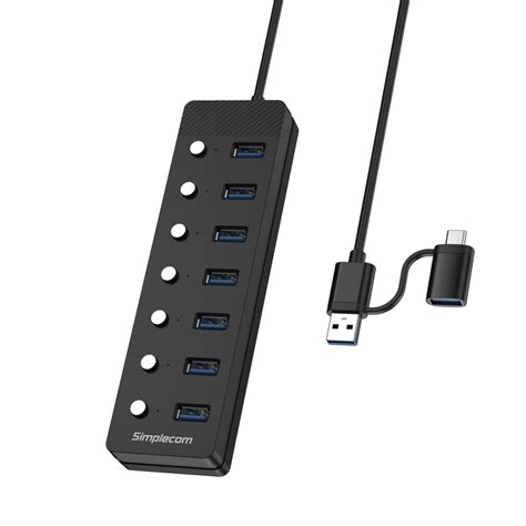 Simplecom CH375C USB A And USB C To 7 Port USB 3 0 Hub 5Gbps Individual Switches And Power Adapter
