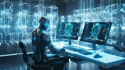 A Futuristic Ai Robot Conducts Research In A High Tech Lab Surrounded By Holographic Displays