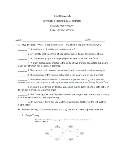 Final Exam Discrete Mathematics Feati University Information Technology Department Discrete