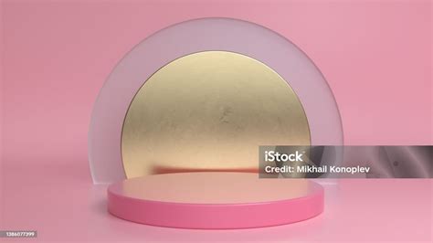 핑크 포디움 분홍색 유리 황금 배경에 받침대 빈 둥근 무대와 빈 쇼케이스 모형 추상 형상 배경입니다 복사 공간이 있는 광고 제품 디스플레이 를 위한 스테이지입니다 3d 렌더