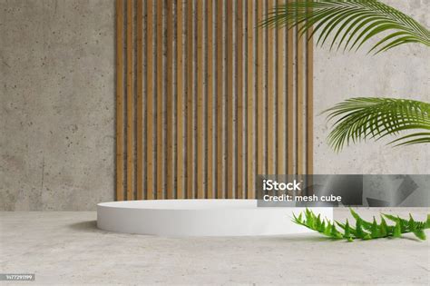 흰색 둥근 바닥이있는 연단은 그 뒤에 수직 나무 나무가 있고 측면에 나뭇잎 3d 렌더링 0명에 대한 스톡 사진 및 기타 이미지 0명 3차원 형태 강단 Istock