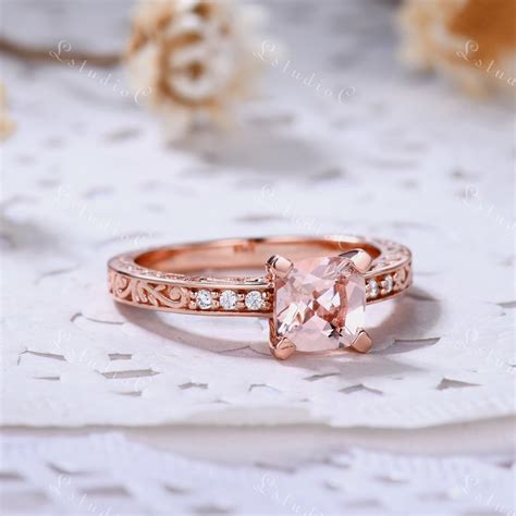 Cushion Cut Morganite Engagement Ring Rose Gold Vintage Etsy