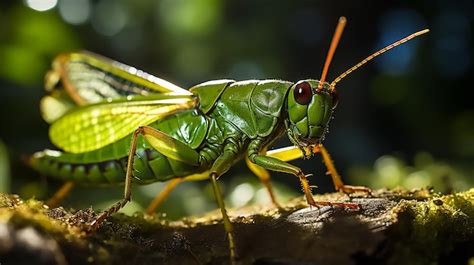 Premium Ai Image A Vibrant Green Grasshopper Leaps Through The Air Its Wings Creating A Blur
