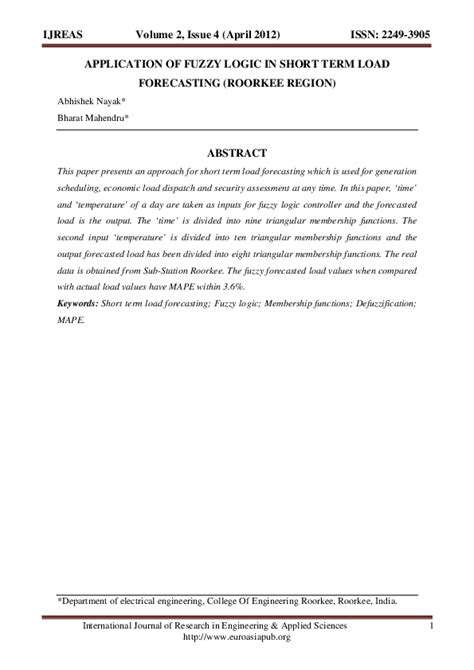 Pdf Application Of Fuzzy Logic In Short Term Load Forecasting Roorkee Region