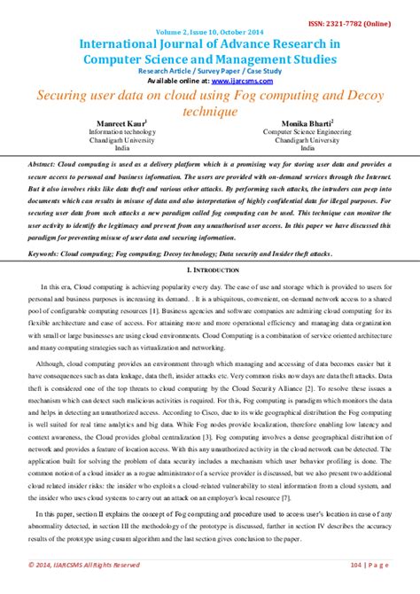 Pdf Securing User Data On Cloud Using Fog Computing And Decoy Technique