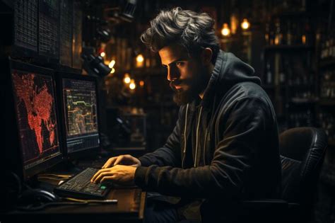 Premium Photo Man Working At Computer In Dark Room