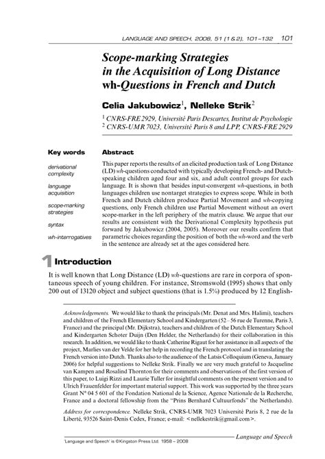 Pdf Scope Marking Strategies In The Acquisition Of Long Distance Wh Questions In French And Dutch
