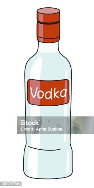 병에 클래식 러시아어 보드카 낙서 만화 힙스터 스타일 벡터 일러스트 는 흰색 배경에 격리 파티 카드 포스터 바 메뉴 또는 알코올