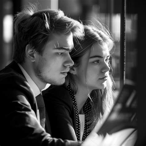 A Man And A Woman Are Looking At A Computer Screen Premium Ai