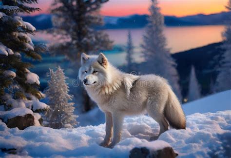 Winter Night Landscape With A Cute Wolf Cub Ai Generated Stock Illustration Illustration Of