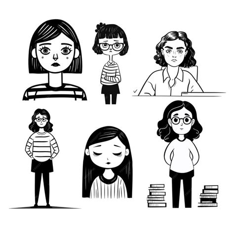 Premium Vector Hand Drawn Monochromatic Girls Character Set Flat Line Vector Illustration