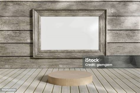 Abstact 3d 렌더링 장면 및 자연 연단 배경 나무 바닥 배경에 나무 둥근 연단 제품 전시 등을 위한 액자 또는 창이 있는 나무 벽 0명에 대한 스톡 사진 및 기타