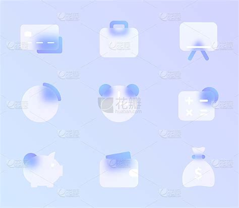 商务玻璃morphism时尚风格图标集。业务透明玻璃颜色矢量图标模糊和紫色梯度。用于网页和ui设计，