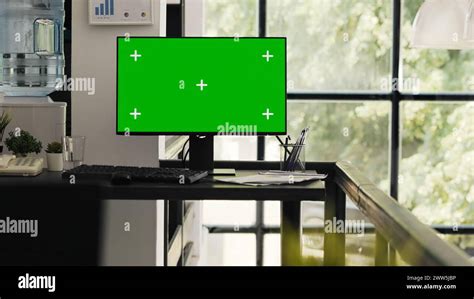 Empty Office With Greenscreen Desktop Showing Isolated Copyspace Layout