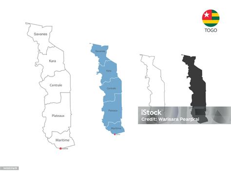 토고지도 벡터 일러스트 레이 션의 4 스타일은 모든 지방을 가지고 있으며 토고의 수도를 표시합니다 얇은 검은 윤곽선 단순 스타일과 어두운 그림자 스타일 흰색 배경에 고립되어