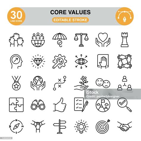핵심 값 아이콘 집합입니다 편집 가능한 스트로크 픽셀 완벽한 아이콘 세트에는 사람들 우산 다이아몬드 엄지 손가락 퍼즐 대상 전구