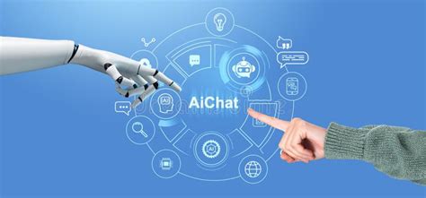 Human And Robot Hands Interacting With Ai Chat Interface On Blue