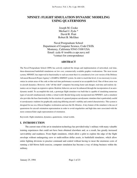 Pdf Npsnet Flight Simulation Dynamic Modeling Using Quaternions