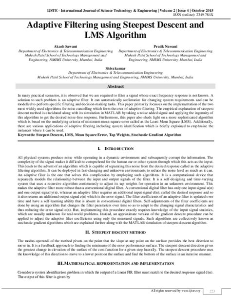 Pdf Adaptive Filtering Using Steepest Descent And Lms Algorithm