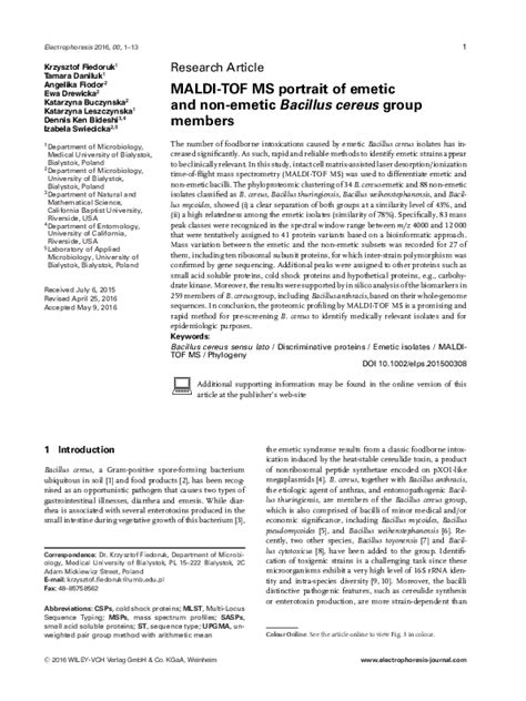 Pdf Maldi Tof Ms Portrait Of Emetic And Non Emeticbacillus Cereusgroup Members Angelika