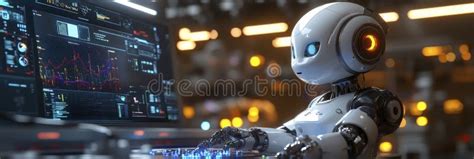 Robot Analyzing Data On Futuristic Digital Screen Stock Illustration