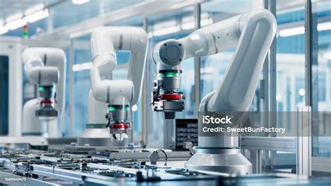 밝은 전자 공장 내부의 고급 고정밀 로봇 팔 완전 자동화된 현대식 Pcb 조립 라인 전자 장치 생산 산업 회로 기판의 품질 관리 산업에 대한 스톡 사진 및 기타 이미지