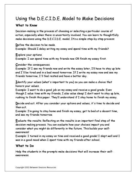 Using The Decide Model To Make Decisions Worksheet Teens