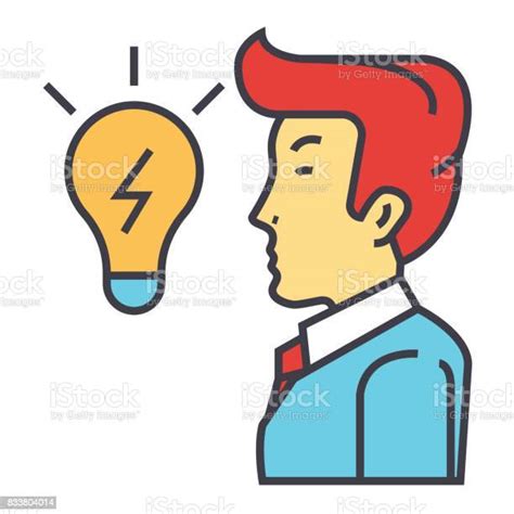 창조적인 사업가 전구 브레인 스토밍 개념의 형태로 좋은 사업 아이디어가입니다 선 벡터 아이콘입니다 편집 가능한 선입니다 흰색 배경에 고립 된 평면 선형 삽화 개념에 대한