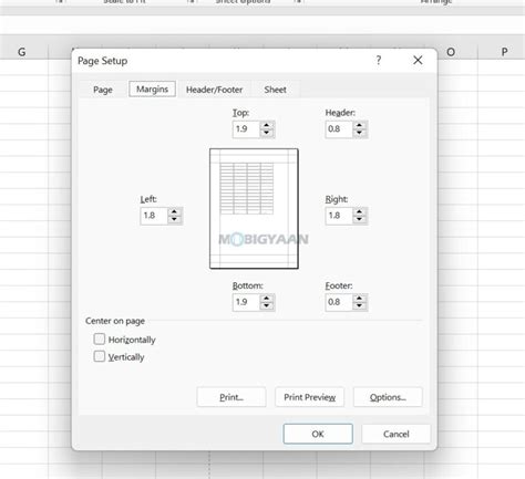 how to adjust page margins in microsoft excel for printing