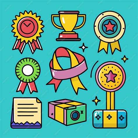 Colorful Cartoon Illustration Of 9 Different Award Symbols Including Trophies Ribbons Medals And