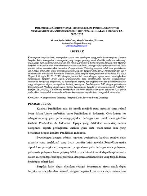 Implementasi Computational Thinking Dalam Pembelajaran Untuk Meningkatkan Kemampuan Berpikir