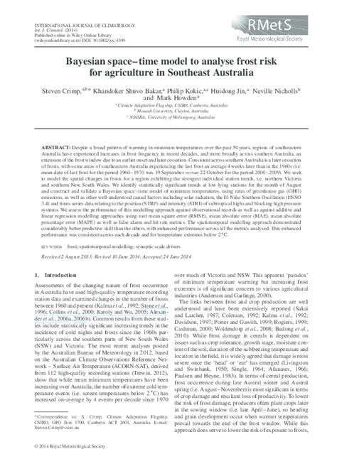 Pdf Bayesian Space Time Model To Analyse Frost Risk For Agriculture In Southeast Australia