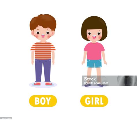 반대 소년과 소녀 만화 캐릭터 행복 귀여운 소녀와 소년과 아이들을위한 단어 안토니움 흰색 배경에 고립 플랫 벡터 일러스트 개념에