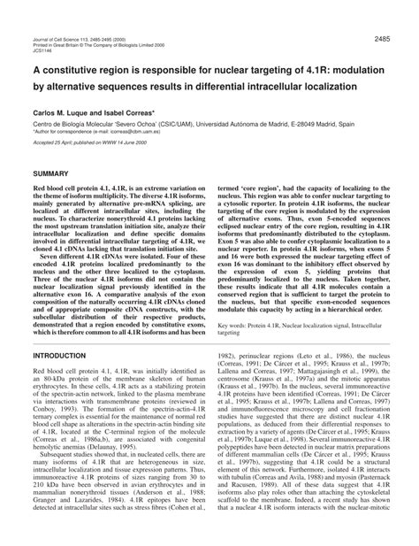 Pdf A Constitutive Region Is Responsible For Nuclear Targeting Of 4