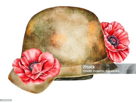 흰색 바탕에 두 개의 빨간 양귀비가 있는 빈티지 군용 헬멧 손으로 그린 수채화 작품으로 기념 인쇄 포장 인사말 카드 및 대규모 상업 프로젝트에 이상적입니다 0명에 대한 스톡