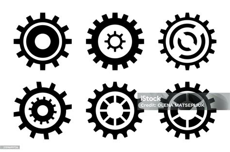 블랙 기어의 다양 한 심플한 디자인이 특징 인 기어 아이콘 세트 블랙 기어 휠 아이콘 톱니 바퀴 기호 설정 기호 개념에 대한