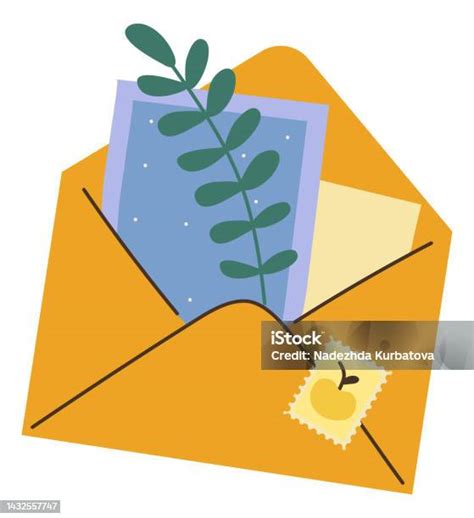 편지와 엽서 우편 용지 요소 카드와 우편표가있는 봉투를 엽니 다 식물 나뭇 가지 메일 메시지 보내기 포스트 커뮤니케이션 대응 특급 배송 벡터 일러스트 레이 션 공예에 대한