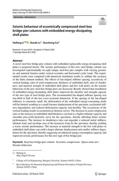 Pdf Seismic Behaviour Of Eccentrically Compressed Steel Box Bridge Pier Columns With Embedded