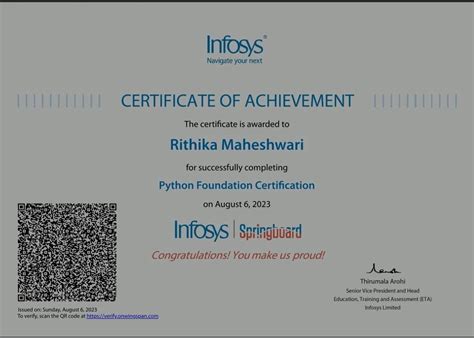 Rithika R On Linkedin Python Certificate Infosys Codingjourney